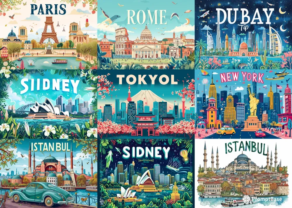 Inspiring Postcards With City Landmarks Midjourney Prompt | PromptBase