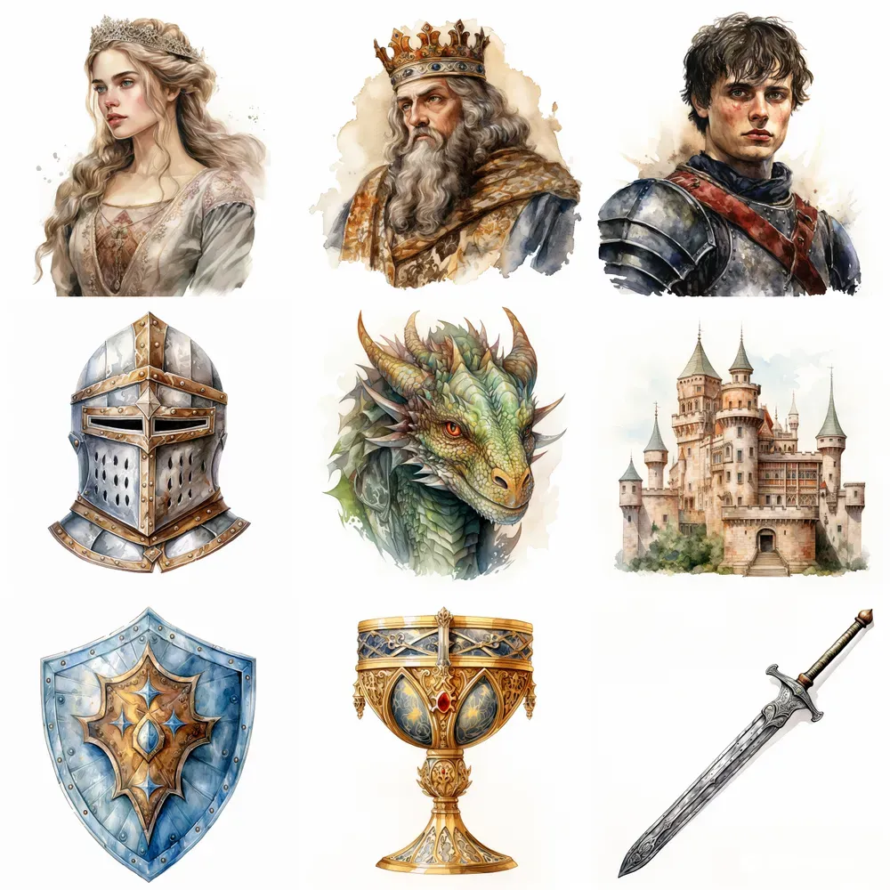 Medieval Watercolor Clipart Illustrations Midjourney Prompt | PromptBase