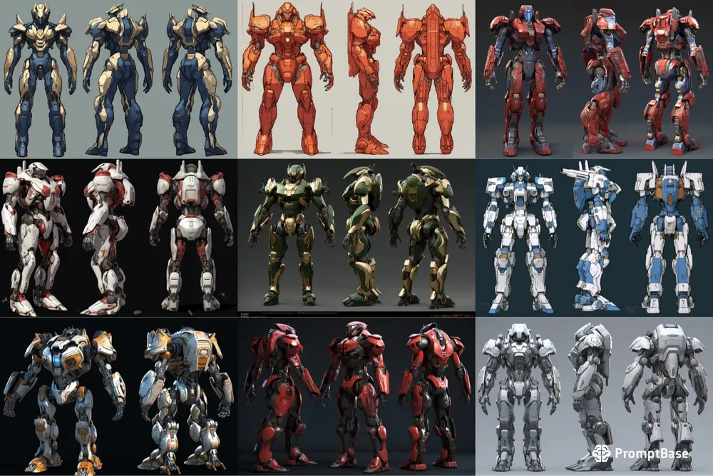 Three Views Of Futuristic Mecha Designs Midjourney Prompt | PromptBase