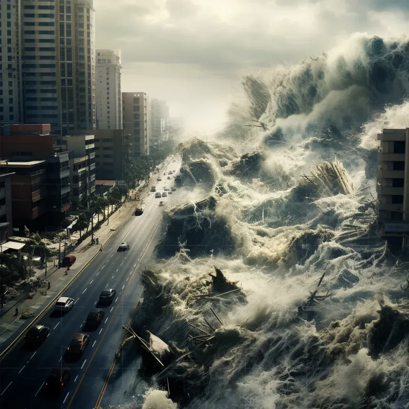 Natural Disasters In Cities Midjourney Prompt | PromptBase