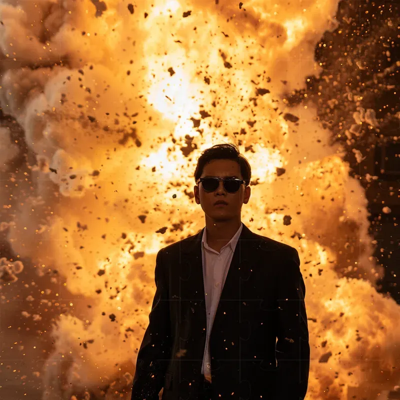 Cinematic People In Front Of Explosions Midjourney Prompt | PromptBase