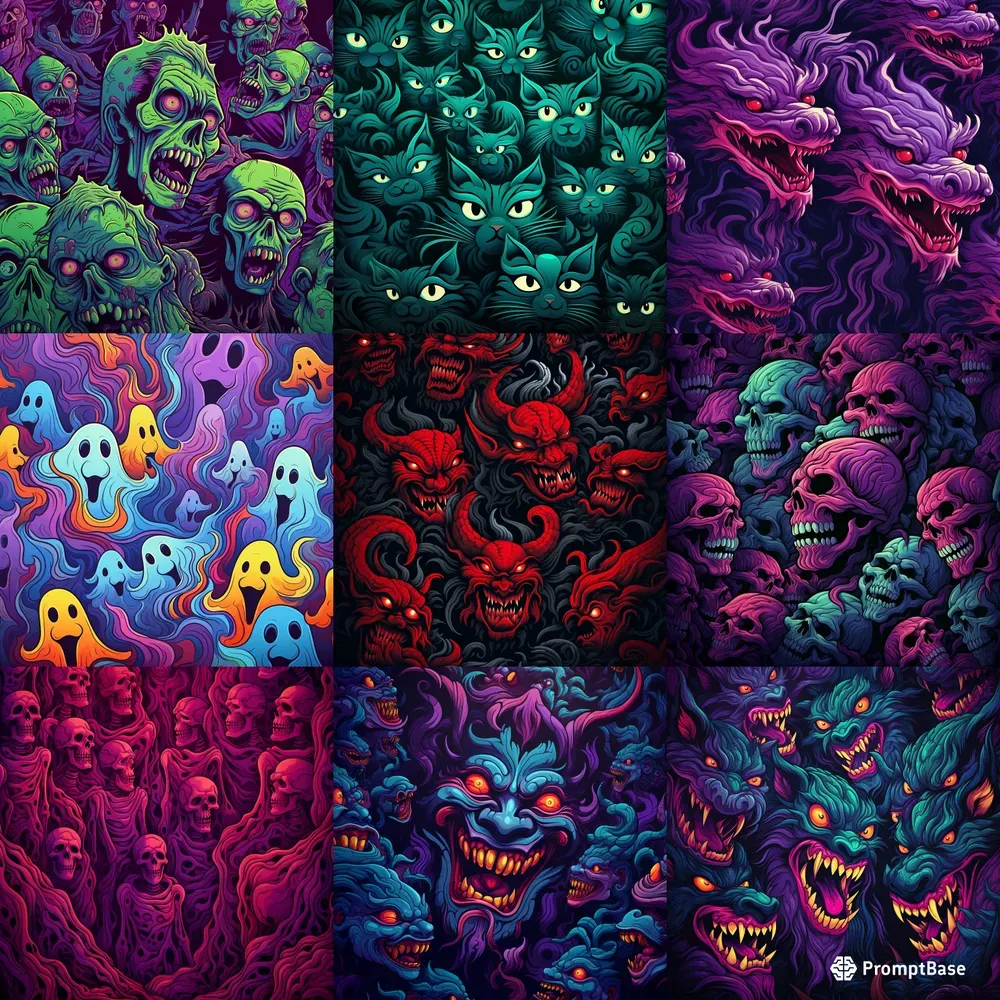 Psychedelic Vibrant Horror Patterns Midjourney Prompt | PromptBase