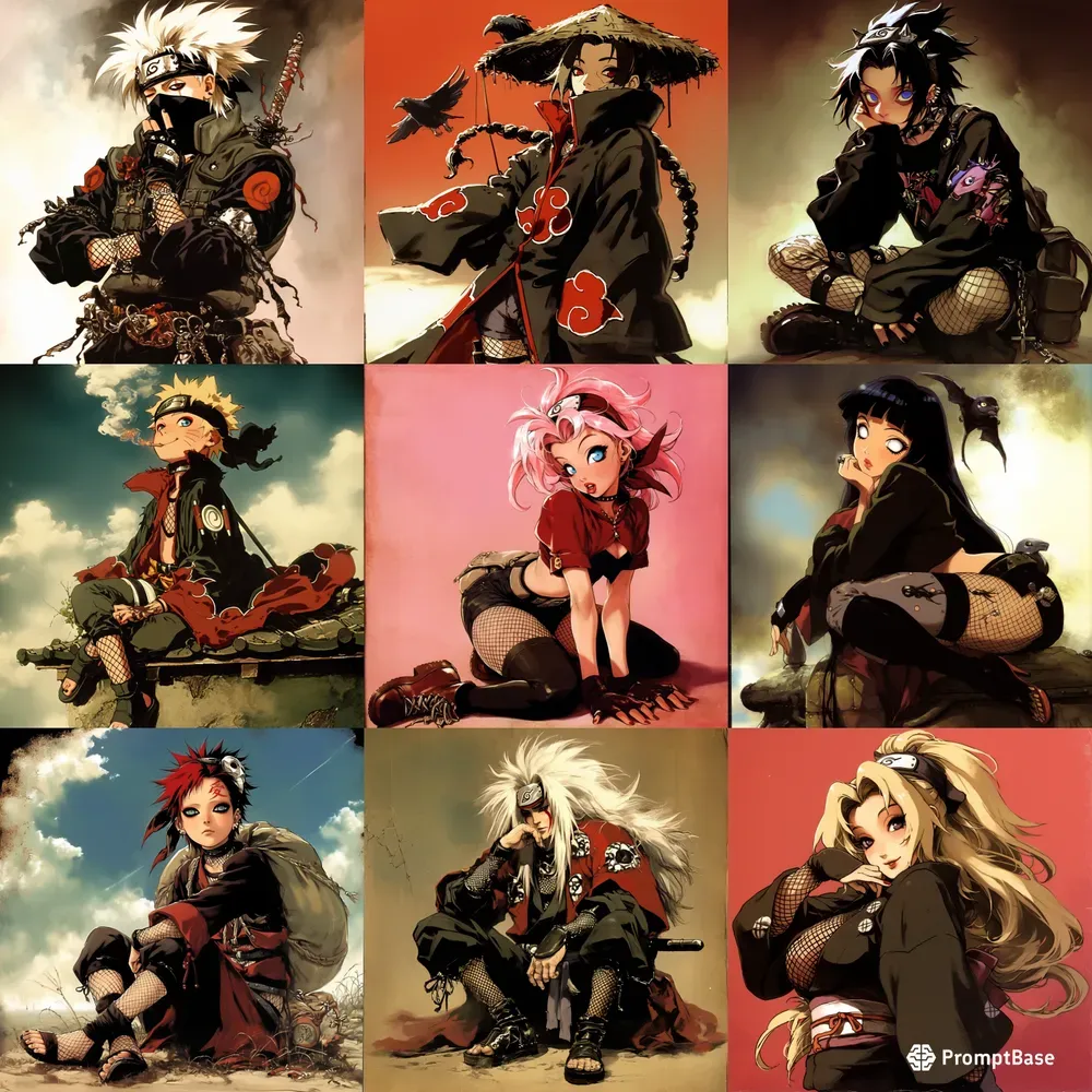 Retro Goth Naruto Characters Midjourney Prompt | PromptBase