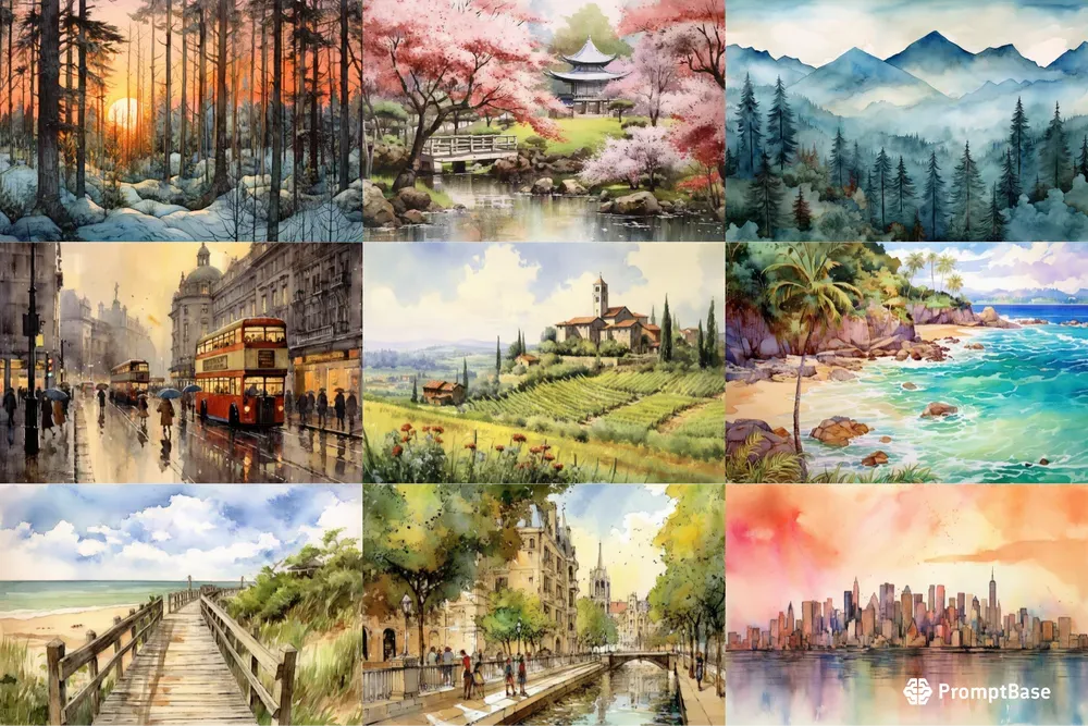 Watercolor Landscapes And Cityscapes Midjourney Prompt | PromptBase