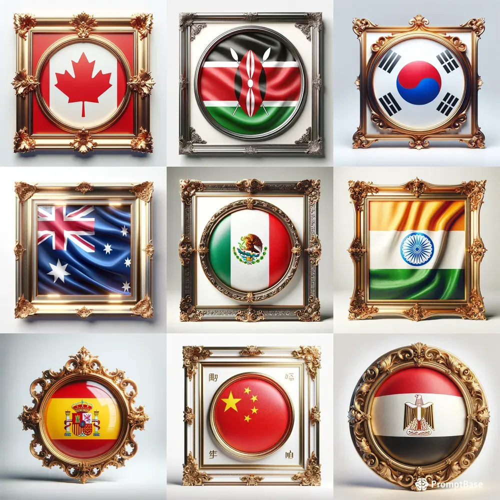 Flags In Luxurious Frames DALL·E Prompt | PromptBase