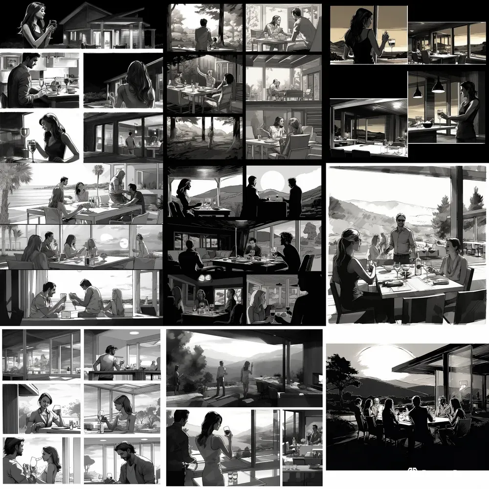Cinematic Storyboard Sketches Midjourney Prompt | PromptBase