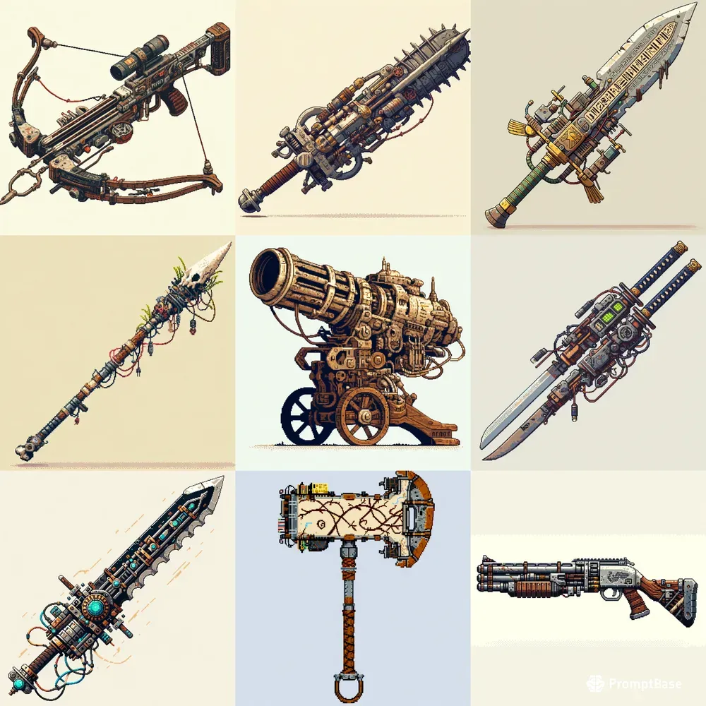 Pixelated Postapocalyptic Weapon Assets DALL·E Prompt | PromptBase