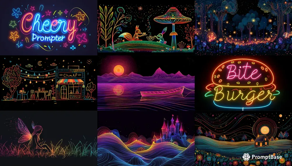 2D Glowing Line Illustration Neon Sign Midjourney Prompt | PromptBase