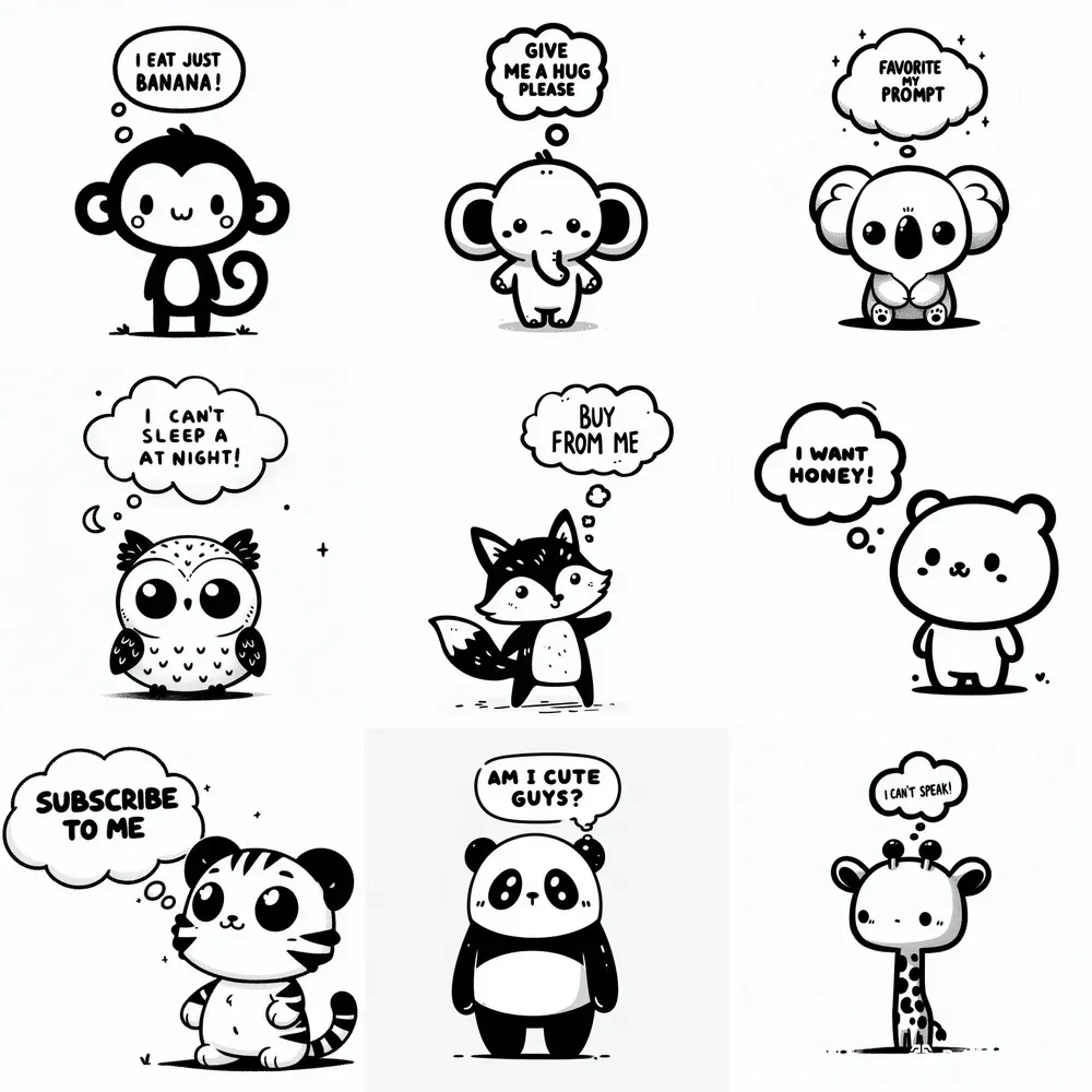 Minimalist Cute Animals With Bubble Text DALL·E Prompt | PromptBase