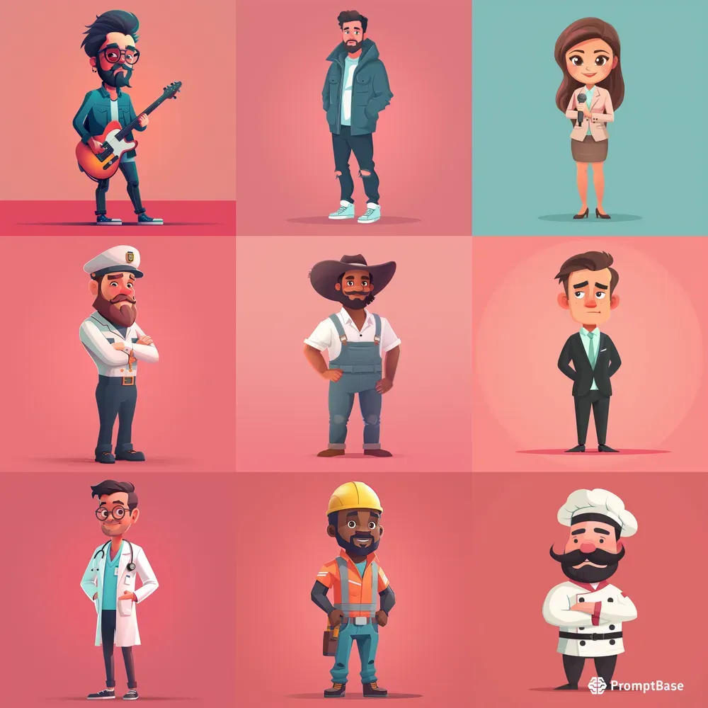 Professions 2D Characters Midjourney Prompt | PromptBase