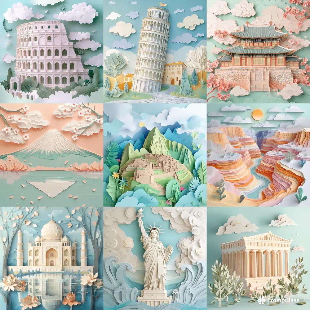 Journeys Through Iconic Landmarks Papers Midjourney Prompt | PromptBase