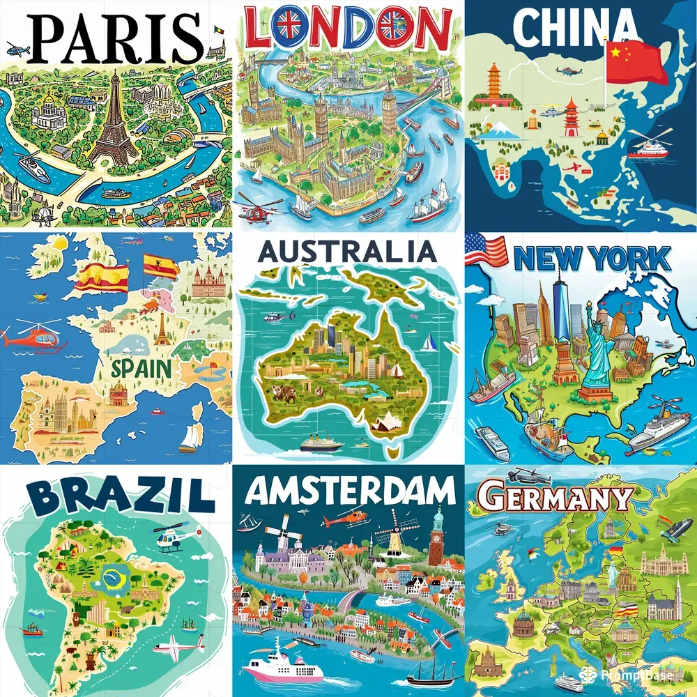 Cartoon Travel Maps With Landmarks Midjourney Prompt | PromptBase