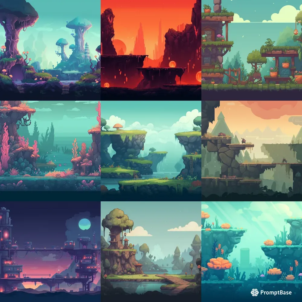 Platform Game Backgrounds Midjourney Prompt | PromptBase