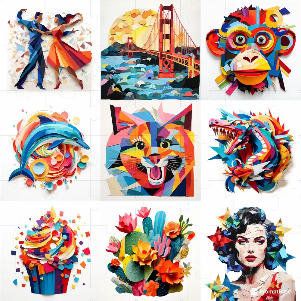 Fun Modern Colorful Paper Collage Art Midjourney Prompt | PromptBase