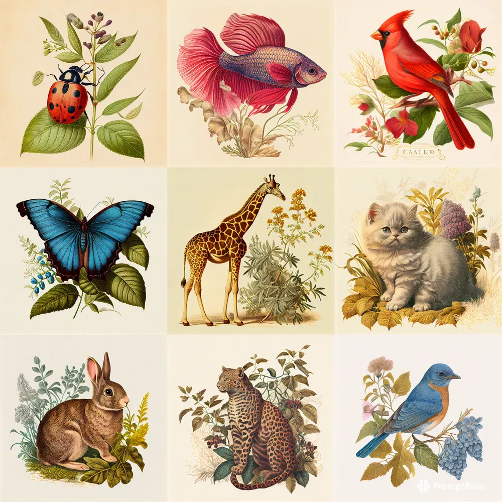 Vintage Botanical Animal Illustrations Midjourney Prompt | PromptBase