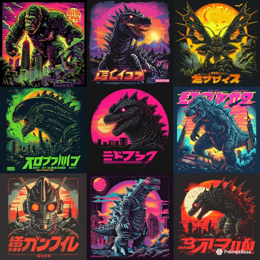 Kaiju Tshirt 1980s Designs Midjourney Prompt | PromptBase
