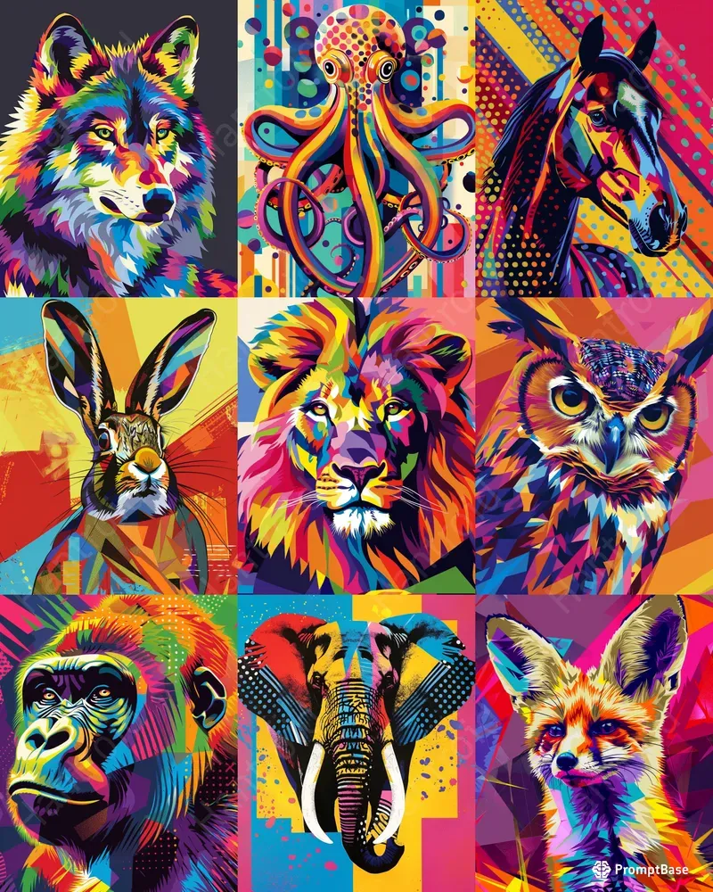 Iconic Animal Pop Art Fusions Midjourney Prompt | PromptBase
