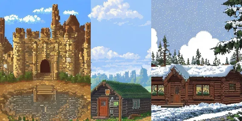 Pixel Art Locations Buildings On Biomes Stable Diffusion Prompt | PromptBase