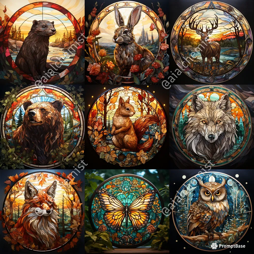 Woodland Creatures Stained Glasses Midjourney Prompt | PromptBase