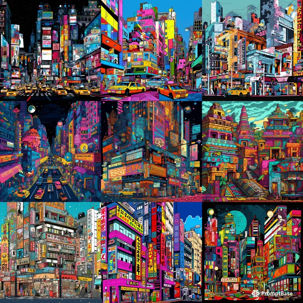 Bustling City Pixel Pop Art Midjourney Prompt | PromptBase