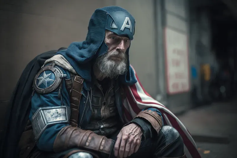 Homeless Comics Character Photographs Midjourney Prompt | PromptBase