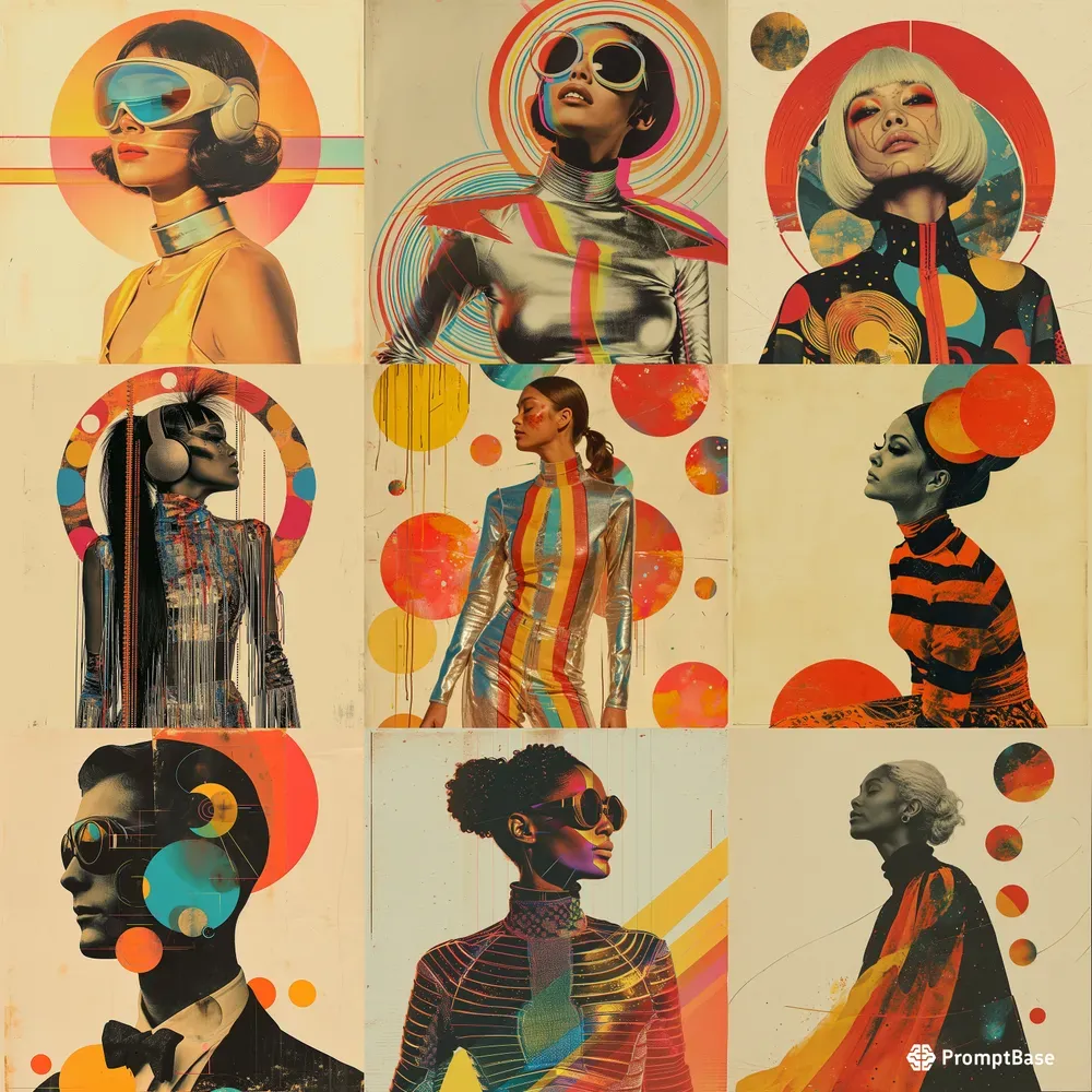 Retro Futuristic Fashion Collages Midjourney Prompt | PromptBase
