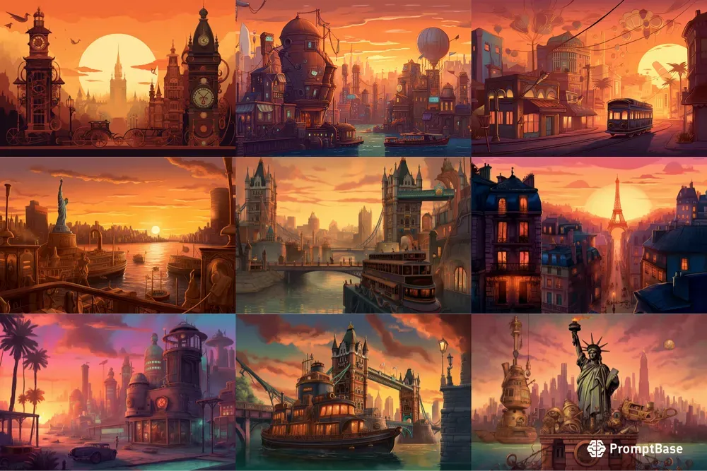 Steampunk Cityscapes At Dusk Midjourney Prompt | PromptBase