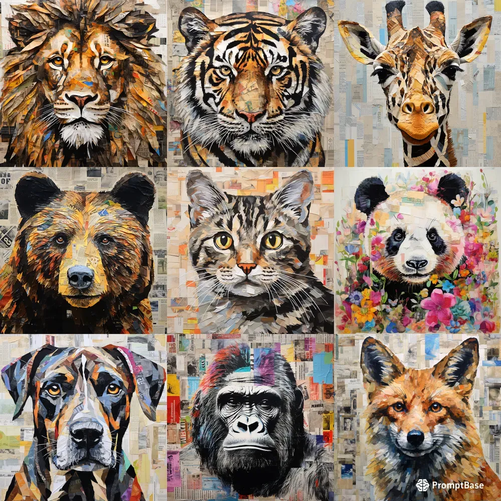 Paper Collage Animal Portrait Newspapers Midjourney Prompt | PromptBase