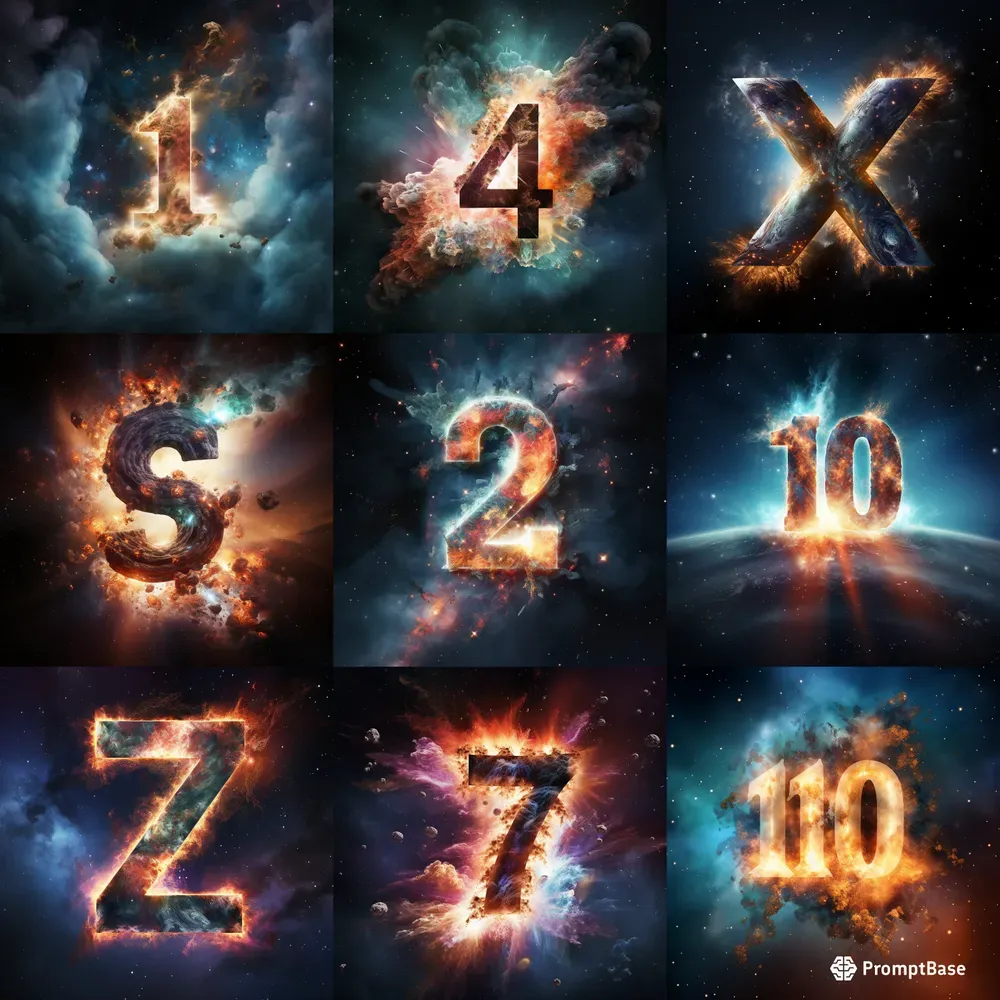 Cosmic Letters Numbers Midjourney Prompt | PromptBase