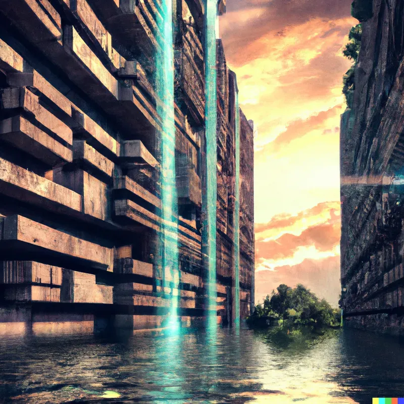 Futuristic Buildings with Beautiful Waterfalls DALL·E Prompt | PromptBase