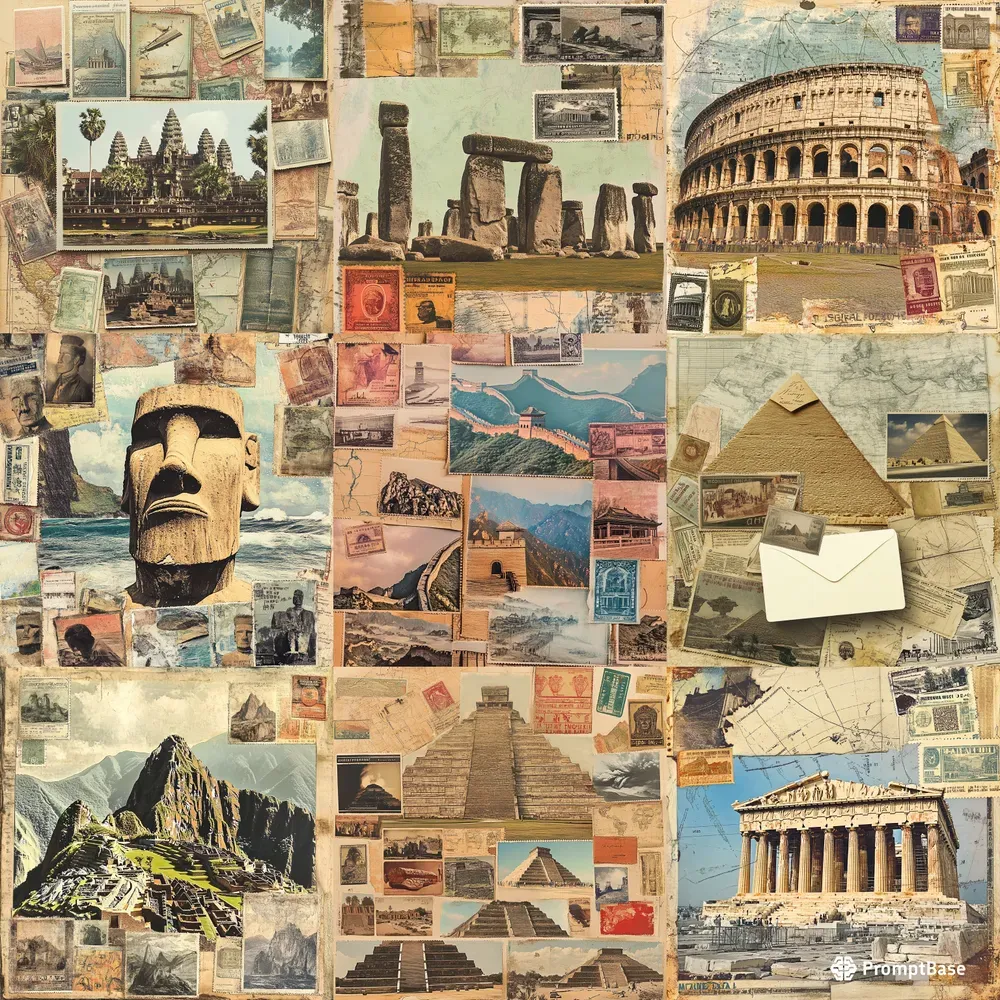 Vintage Travel Landmark Collage Postcards Midjourney Prompt | PromptBase