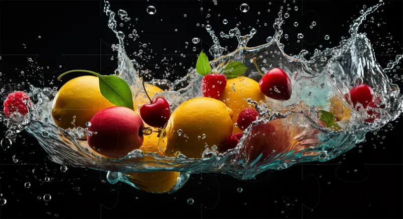 Splashings Fruits And Vegetables Midjourney Prompt | PromptBase