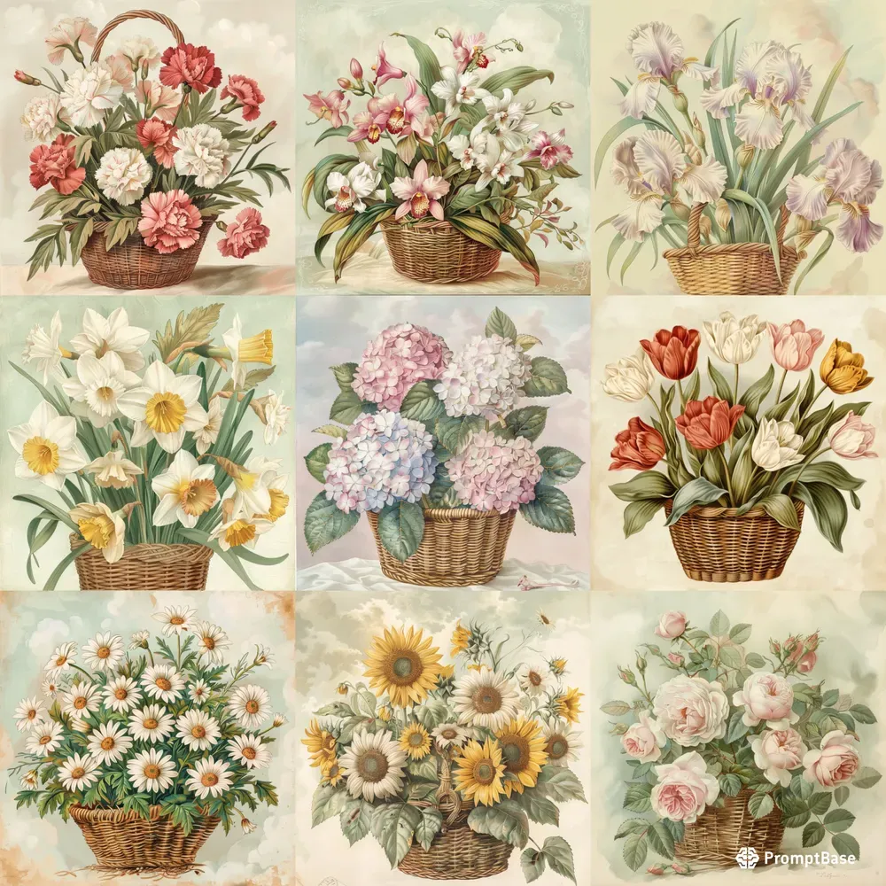 Vintage Botanical Basket Floral Patterns Midjourney Prompt | PromptBase