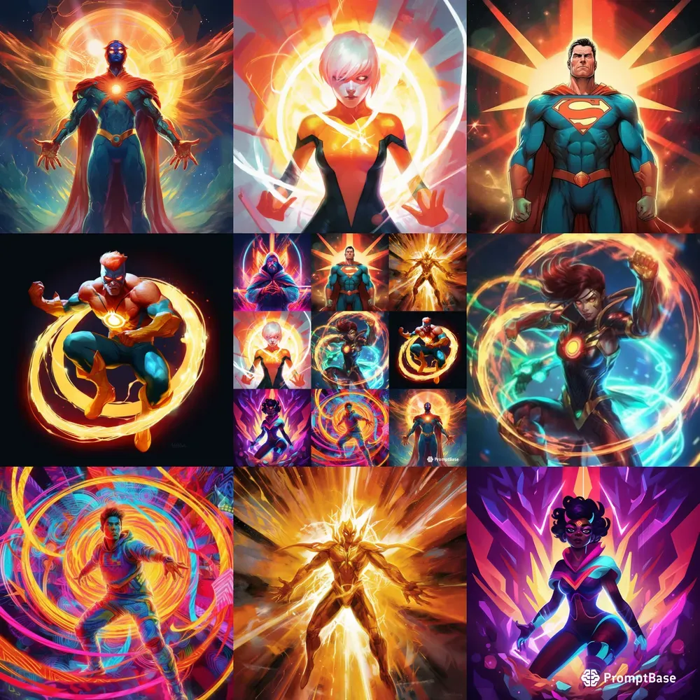 Dynamic Hero Poses Of Light Midjourney Prompt | PromptBase