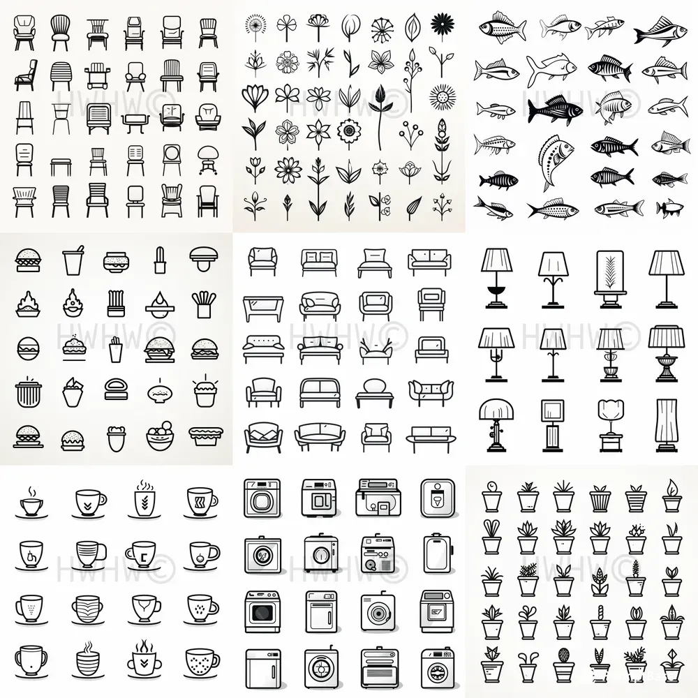2D Black And White Outline Ui Icon Sets Midjourney Prompt | PromptBase