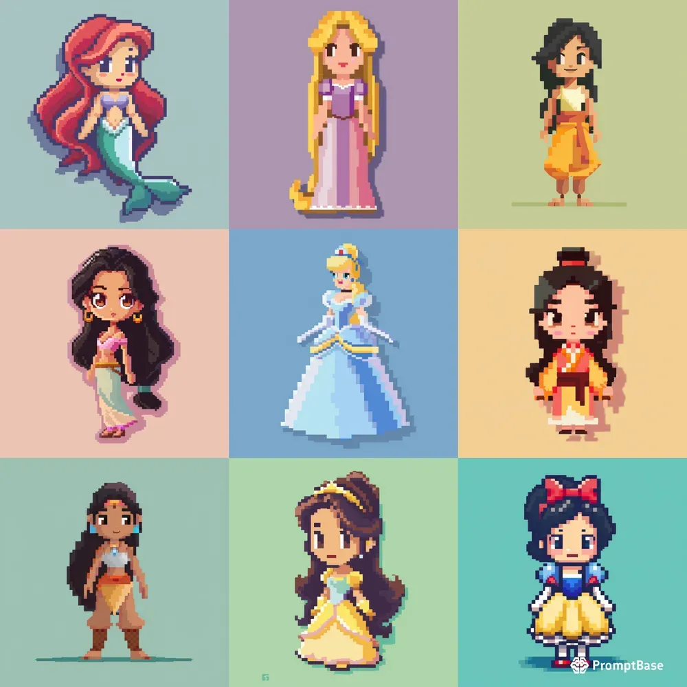 Disney Princesses In Pixels Midjourney Prompt | PromptBase