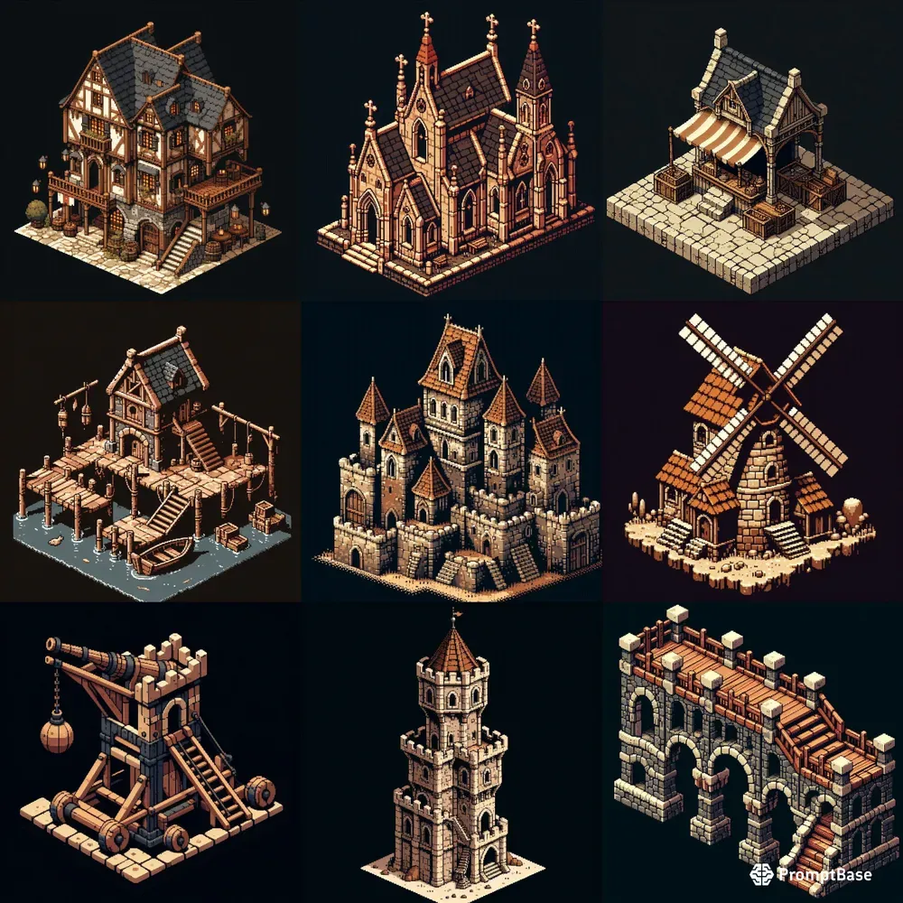 Isometric Medieval Pixel Art Buildings DALL·E Prompt | PromptBase
