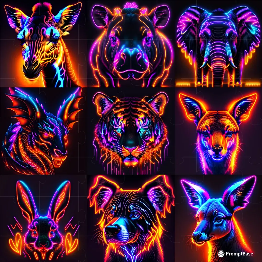 Neon Animal Heads In Vibrant Colors Stable Diffusion Prompt | PromptBase