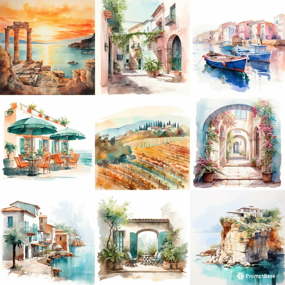 Mediterranean Watercolor Wall Art Prints Midjourney Prompt | PromptBase
