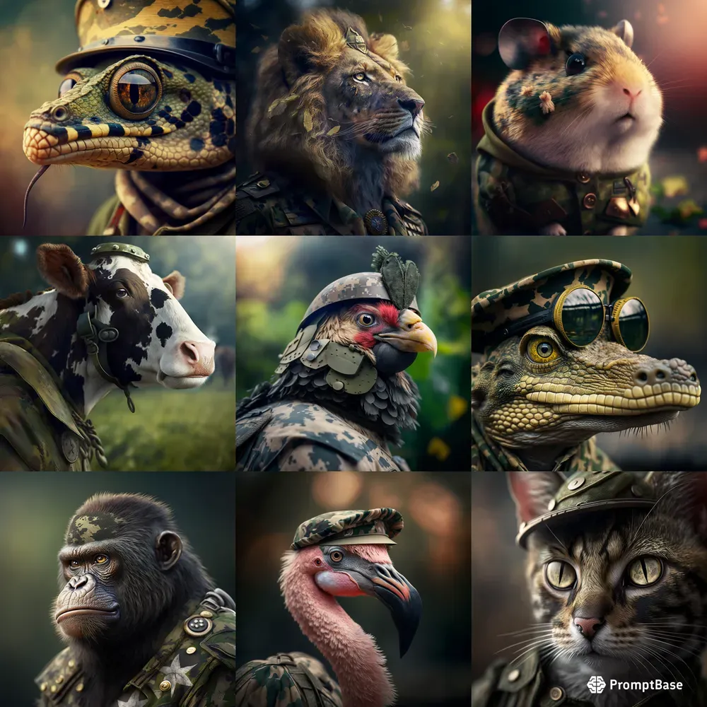 Realistic Soldier Animals In War Uniforms Midjourney Prompt | PromptBase