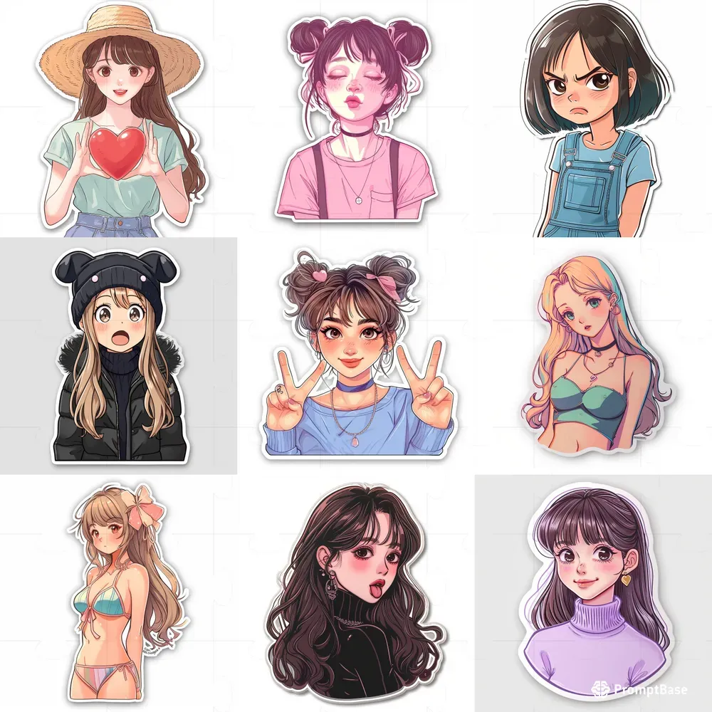 Kawaii Stickers Cute Girls Midjourney Prompt | PromptBase