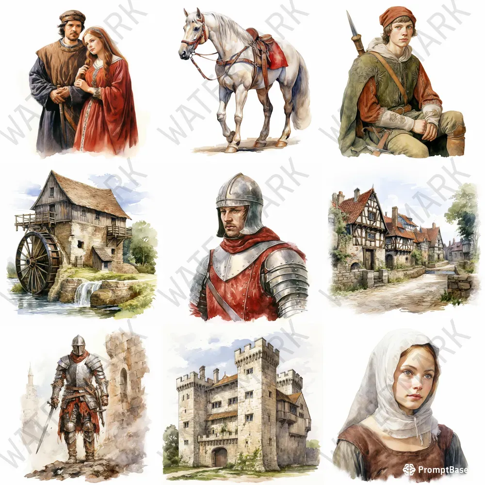 Medieval Watercolor Historic Clipart Art Midjourney Prompt | PromptBase