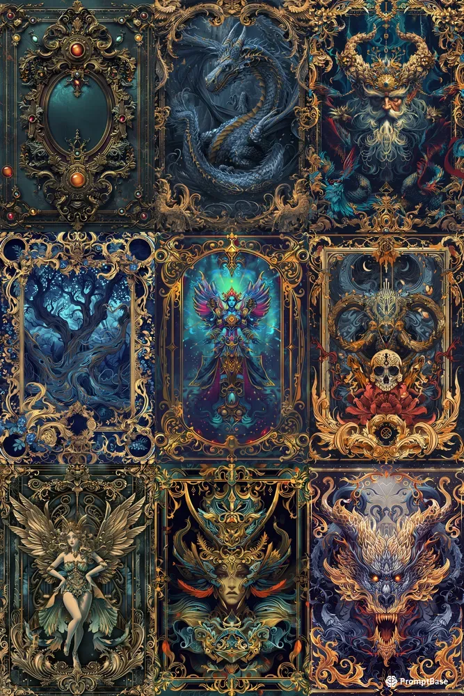 Fantasy Card Game Designs Baroque Style Midjourney Prompt | PromptBase