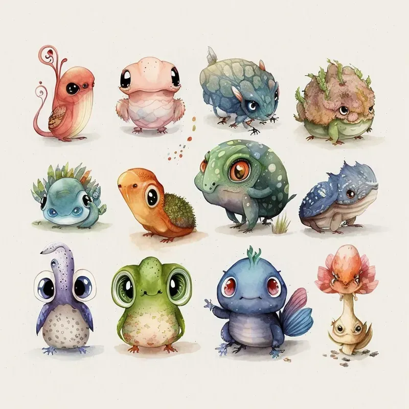 Cute 2D Monsters Sets Midjourney Prompt | PromptBase