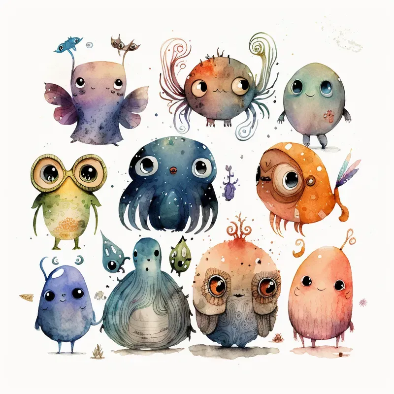 Cute 2D Monsters Sets Midjourney Prompt | PromptBase