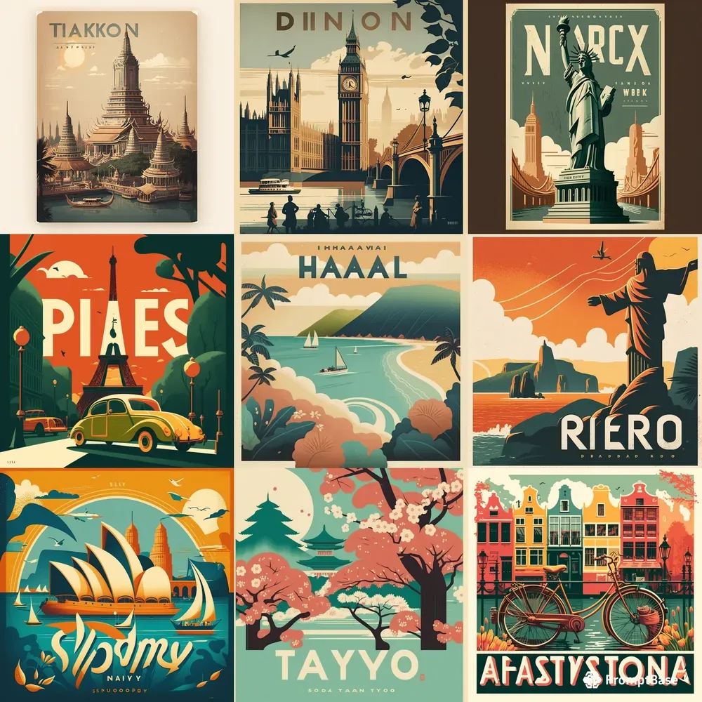 Vintage Travel Poster Illustrations Midjourney Prompt | PromptBase