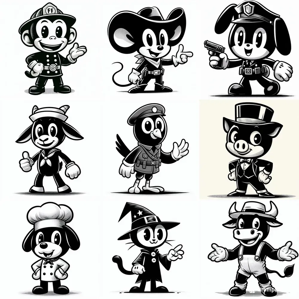 Toon Animal Mascots 1920s DALL·E Prompt | PromptBase