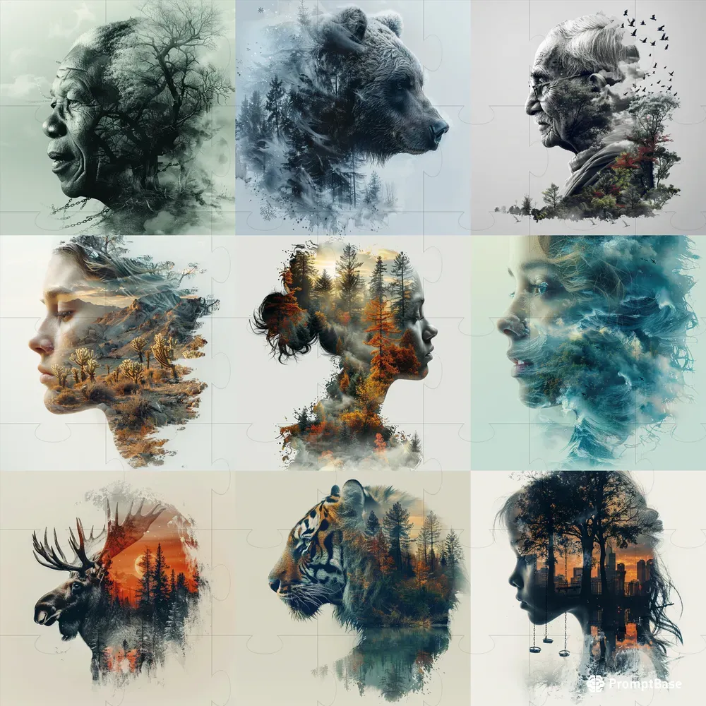 Double Exposure Artworks Midjourney Prompt | PromptBase