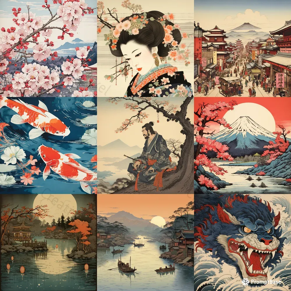 Ukiyoe Japanese Woodblock Illustrations Midjourney Prompt | PromptBase