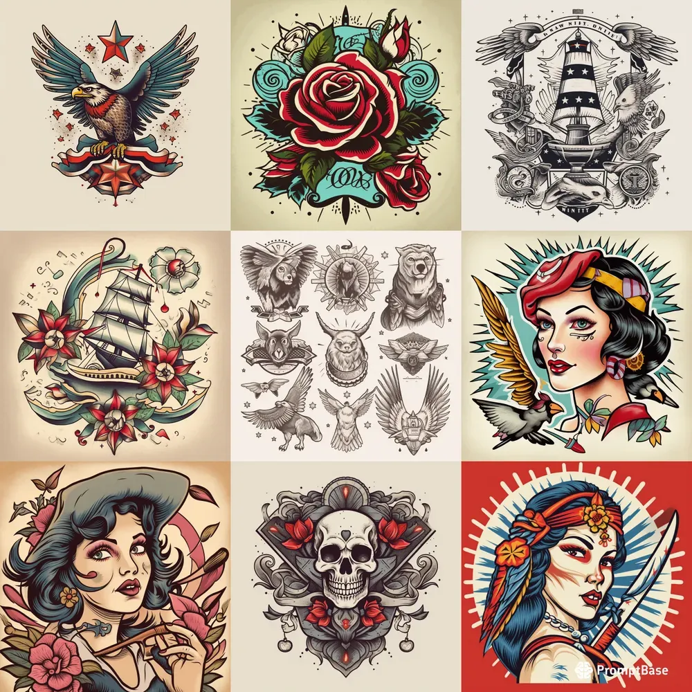 American Traditional Tattoo Flashes Midjourney Prompt Promptbase